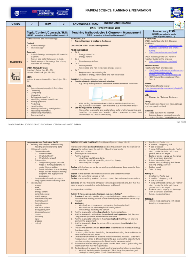 Lesson Plan GET SP Grade 7 Natural Sciences T3 W2 | PDF | Potential Energy