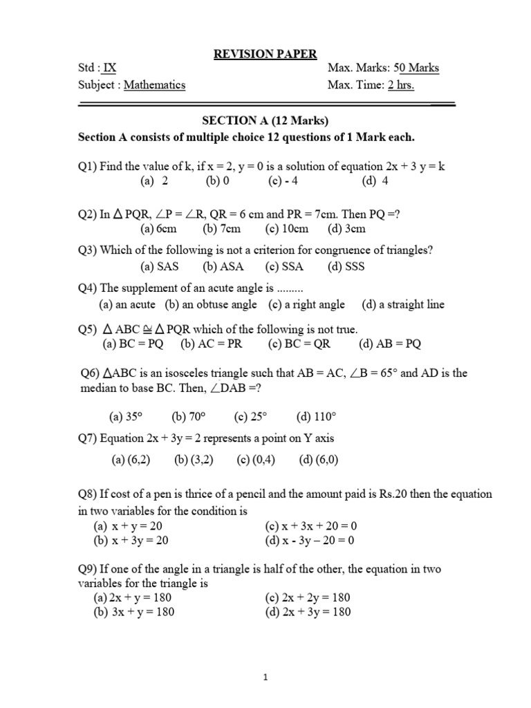IX Maths Revision Paper | PDF