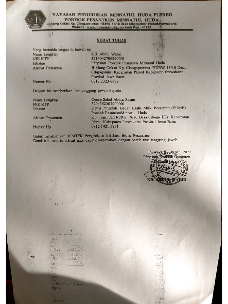 Surat Tugas PP Minnatul Huda | PDF