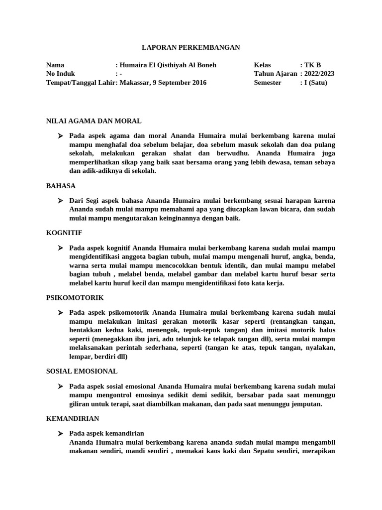 Raport Humairah El Qisthiyah Alboneh | PDF