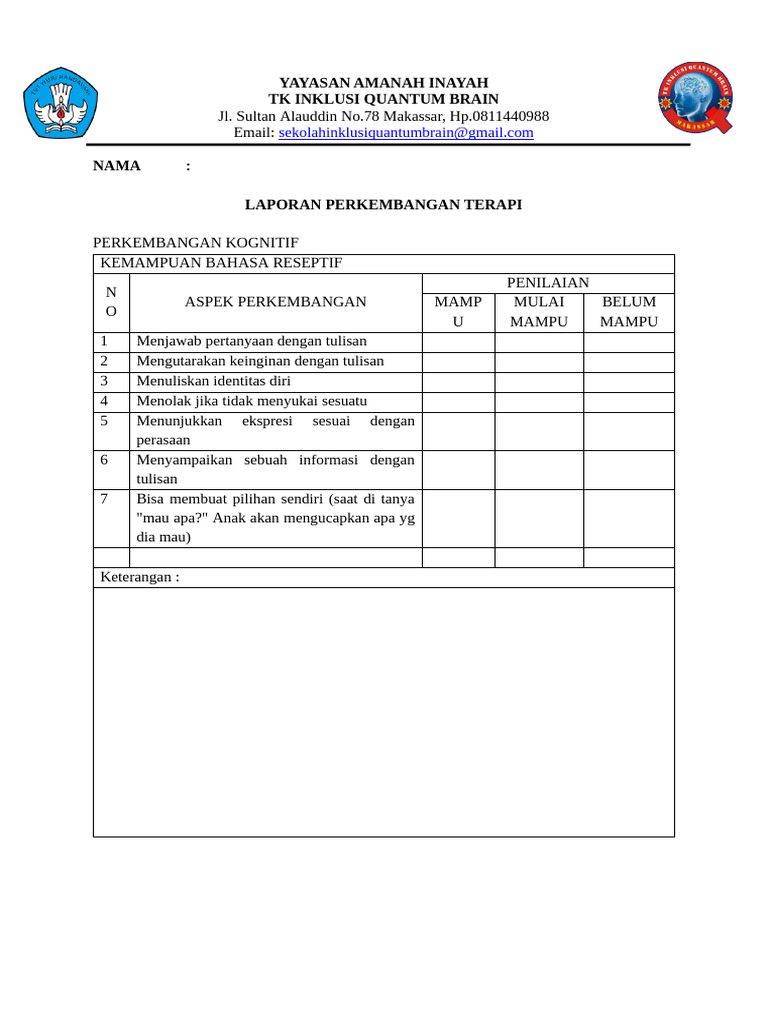 Laporan Perkembangan Terapi TK | PDF