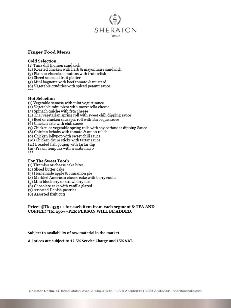 Sheraton Finger Food Menu | PDF