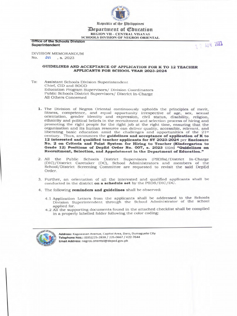 DM No. 251 S. 2023 Guidelines and Acceptance of Application For K To 12 ...