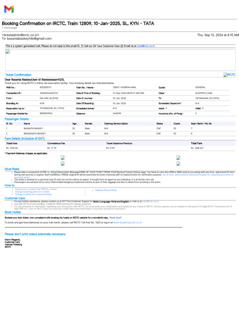 Gmail - Booking Confirmation On IRCTC, Train - 12809, 10-Jan-2025, SL ...