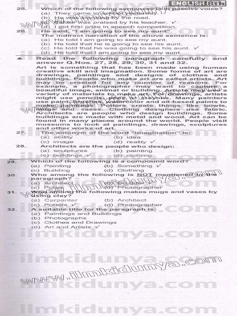 Past Paper 2019 Punjab Examination Commission 8th Class English Part A Objective 2 | PDF