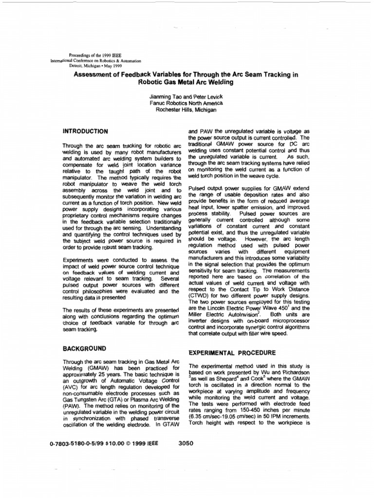 Assessment of Feedback Variables For Through The Arc Seam Tracking in | PDF