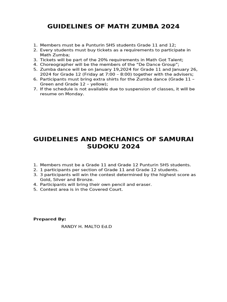 Guidelines and Mechanics of Math Zumba 2024 | PDF