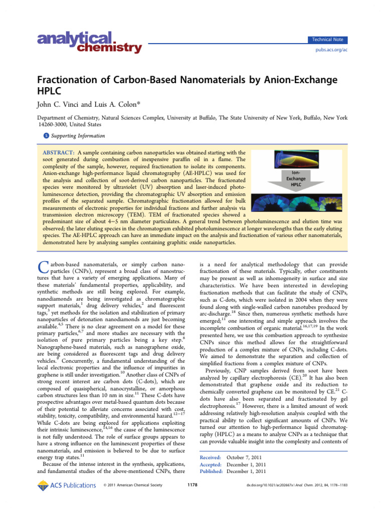 Anal. Chem. 2012, 84, 1178 Fractionation of Carbon-Based Nanomaterials by Anion-Exchange HPLC ...