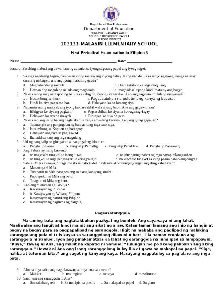 First Periodical Test Filipino | PDF