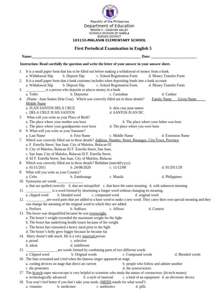 English 5 First Periodical Exam Guide | PDF | Sentence (Linguistics ...