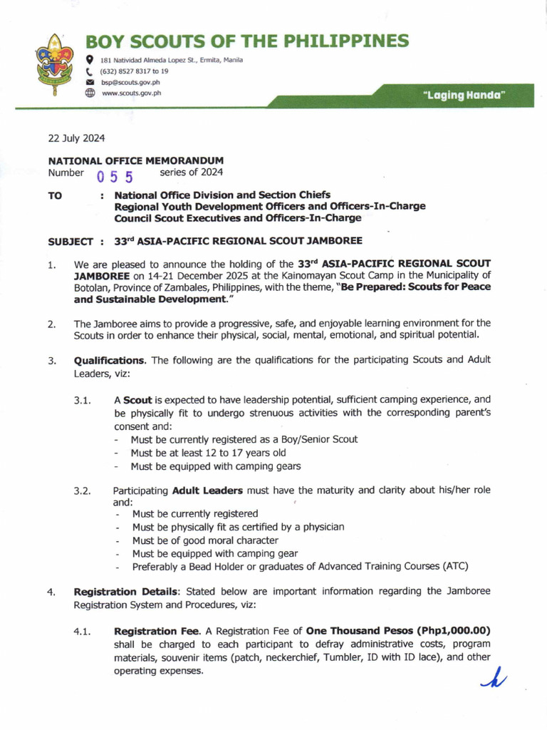 N.O. Memo No. 055 S. 2024 - 33rd Asia-Pacific Regional Scout Jamboree | PDF