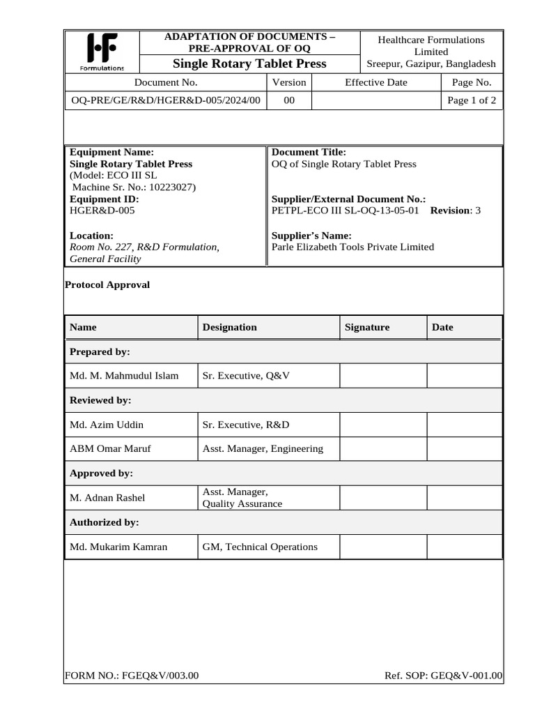 Adaptation of OQ Pre-Approval For Compression Machine For R&D-Formulation | PDF