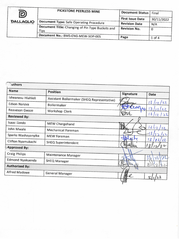 Change of Pin Type, Buckets and Tips-Bms-Eng-Mew-Sop-005 | PDF