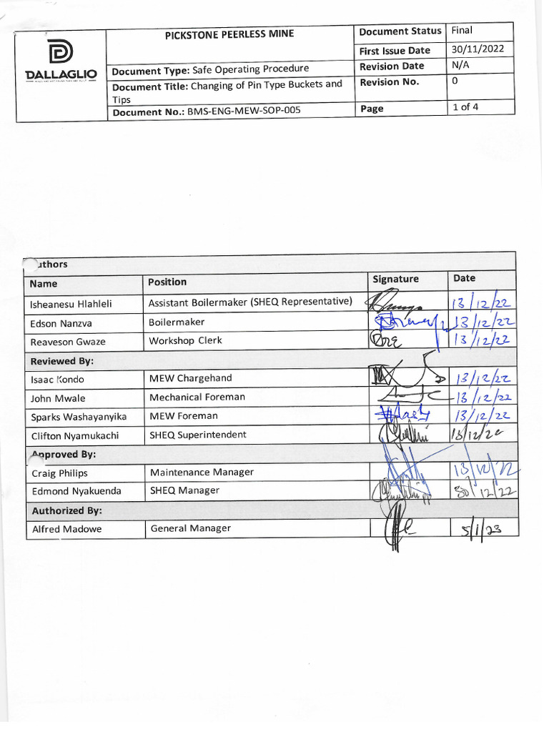 Changing of Pin Type Buckets and Tips-Bms-Eng-Mew-Sop-011 | PDF