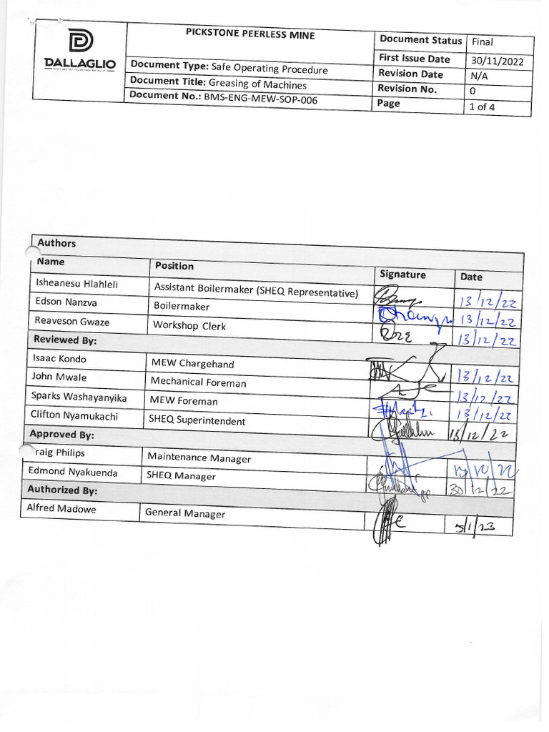 Greasing of Machines-Bms-Eng-Mew-Sop-006 | PDF