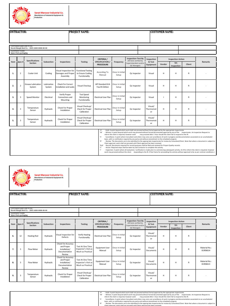 Inspection Test Plan Form | PDF