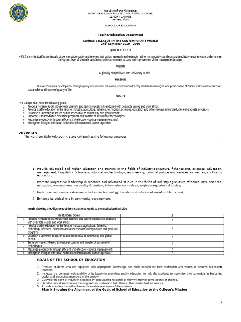 COURSE SYLLABUS The Contemporary World | PDF | Teachers | Curriculum