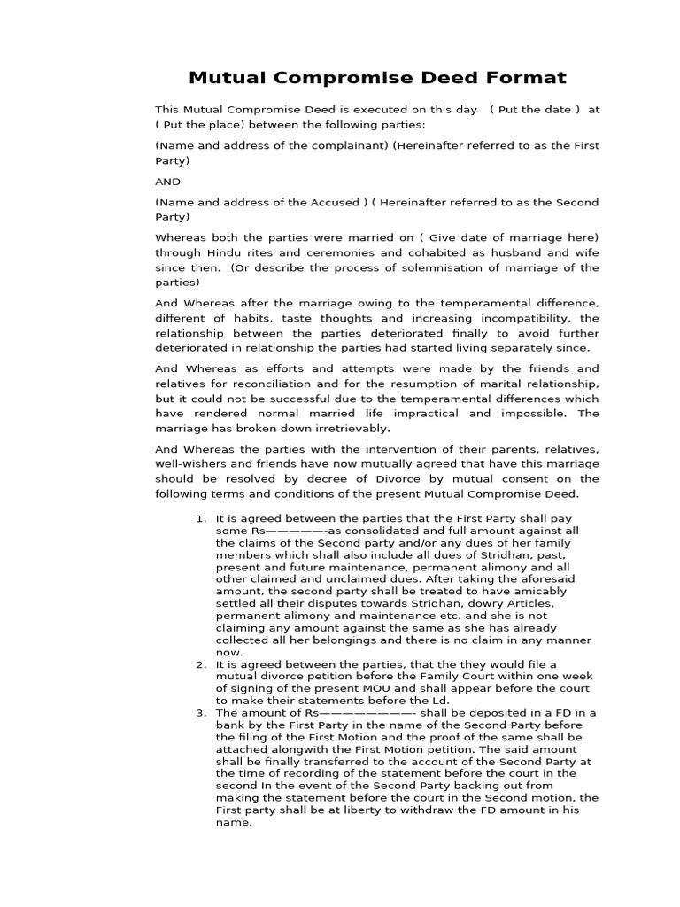 Mutual Compromise Deed Format | PDF | Marriage | Social Institutions