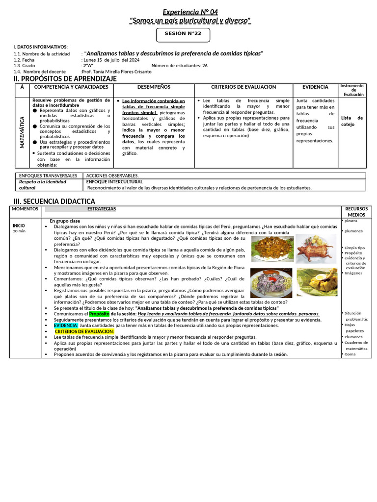SESIÓN 22 Analizamos Tablas y Descubrimos La Preferencia de Comidas Típicas | PDF