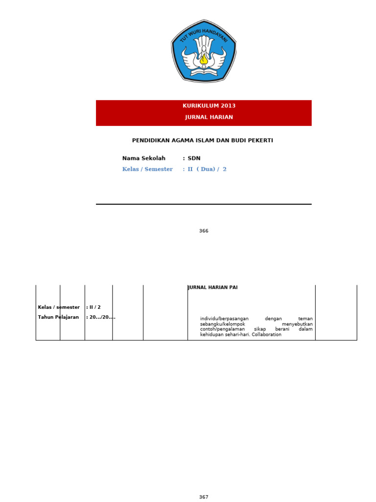 Jurnal Harian PAI SD KELAS 1 SEMSTER 2 | PDF