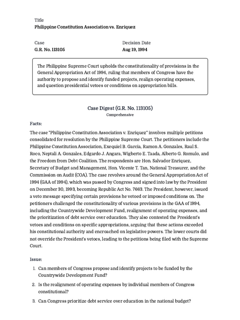 Case Digest - G.R. No. 113105 - Philippine Constitution Association vs ...