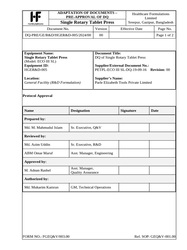Adaptation of DQ Pre-Approval For Compression Machine For R&D ...
