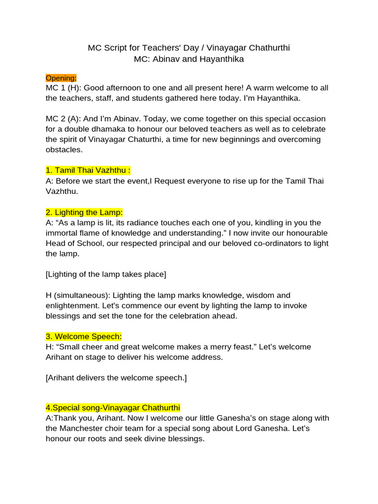 MC Script For Teachers' Day - Vinayagar Chaturthi | PDF