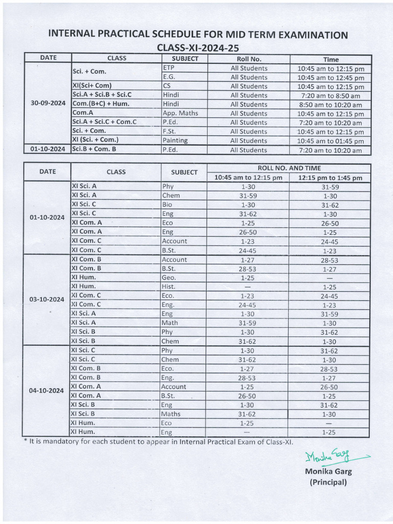Internal Practical Schedule Mid Term Examination Class XI - 2024-25 | PDF