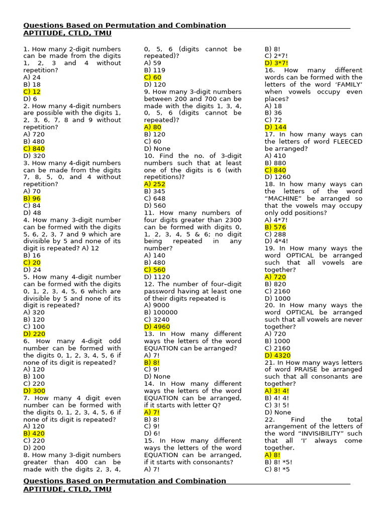 Unit - IV. Permutation and Combination-Answers | PDF