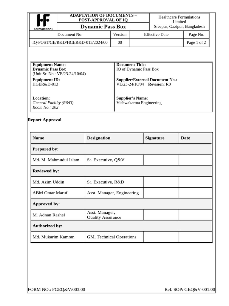 IQ - Post-Approval Adaptation Protocol (ID - HGER&D-013) Room No 202 | PDF