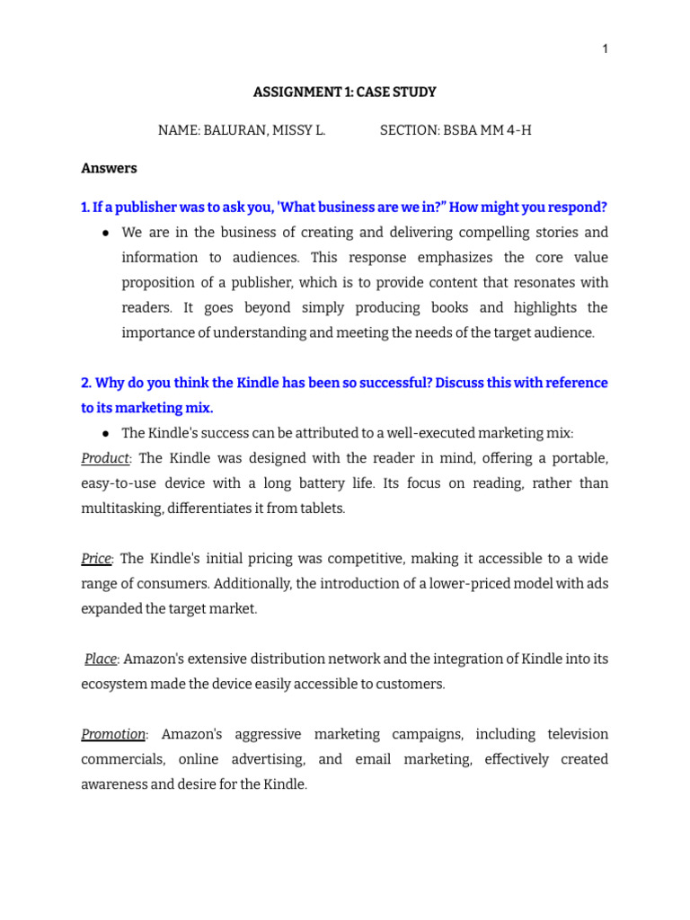 Assignment 1 - Case Study Answers | PDF