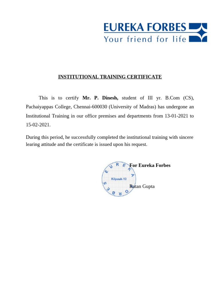 Institutional Training Certificate - Eurekaforbes | PDF