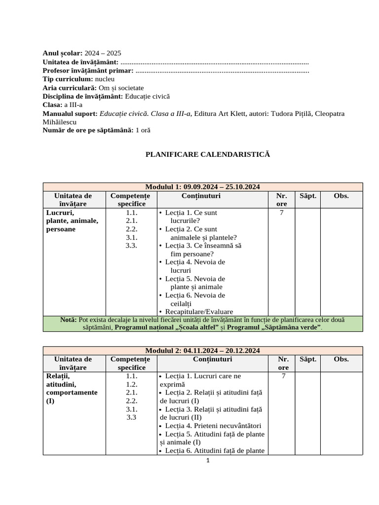 Art Educatie Civica cls3 Planificare Anuala 2024-2025 | PDF
