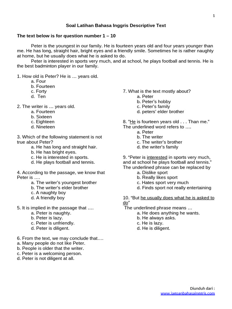 Soal Latihan Bahasa Inggris Descriptive Text | PDF