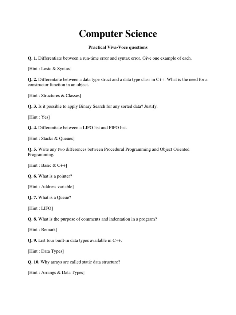 Computer Science Viva Voce Question Pdf Method Computer Programming Class Computer 