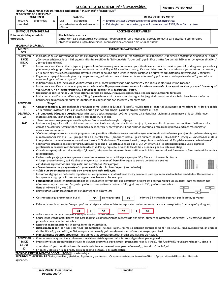 Sesión 18 MATE Comparamos Números Usando Mayor Que y Menor Que | PDF