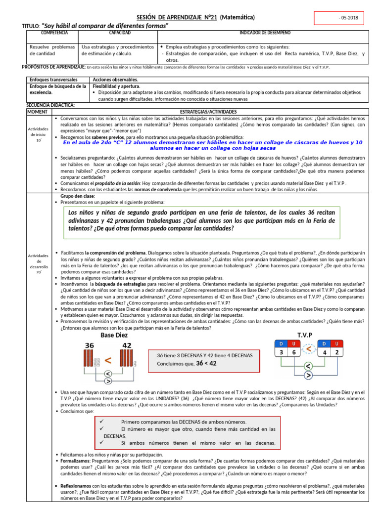 SESIÓN 21 MATE - Soy Hábil Al Comparar de Diferentes Formas+++ | PDF