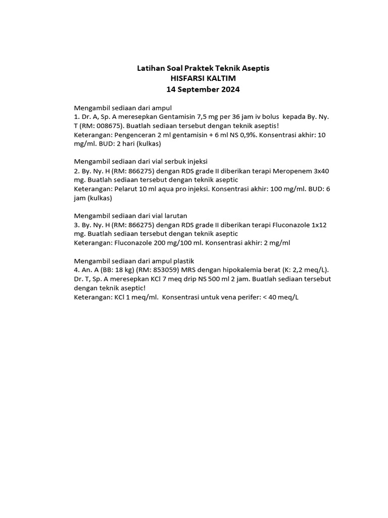 Latihan Soal Praktek Teknik Aseptis | PDF
