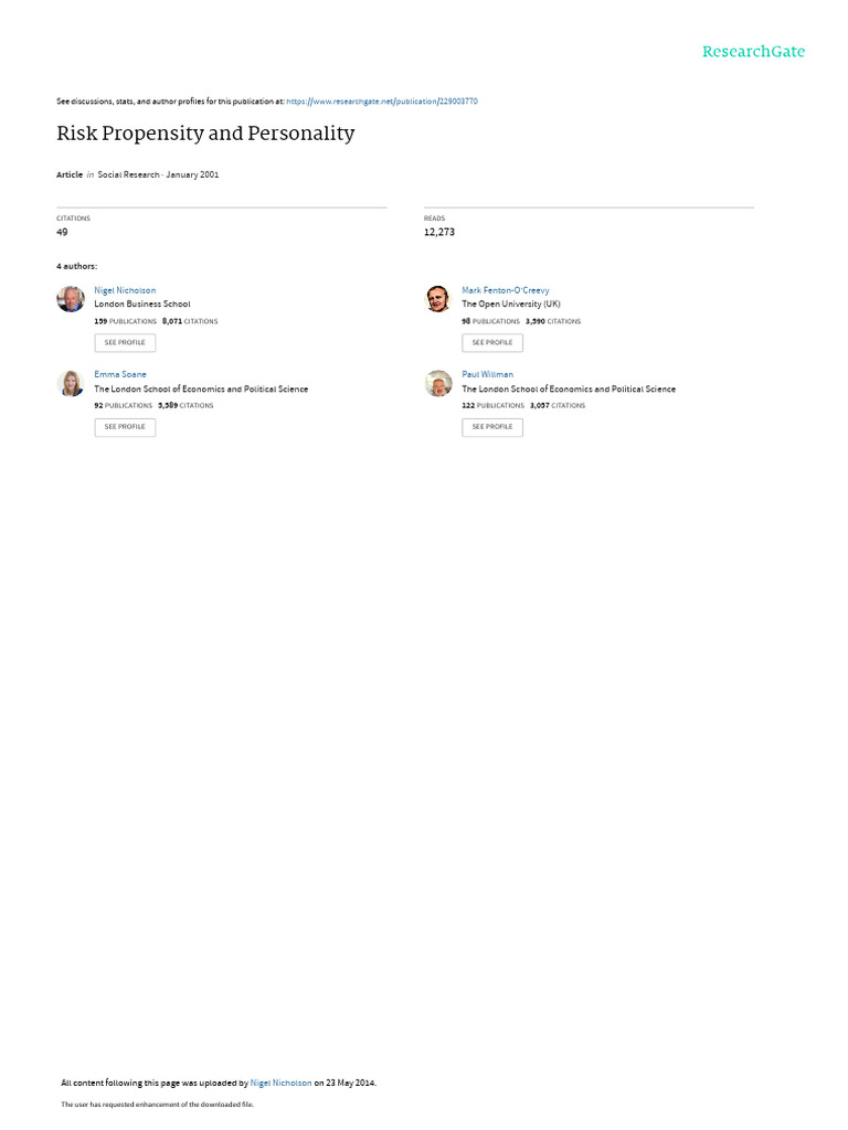 Risk Propensity and Personality | PDF