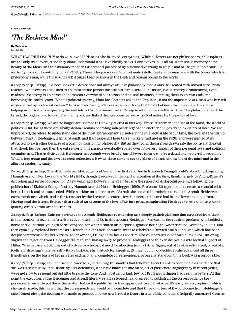'The Reckless Mind' - The New York Times | PDF
