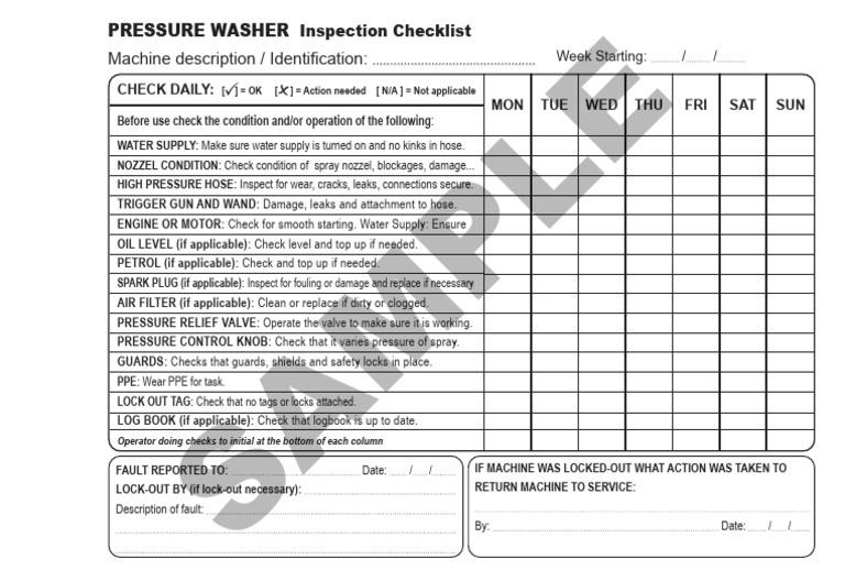 Pressure Washer Inspection Checklist SAMPLE | PDF