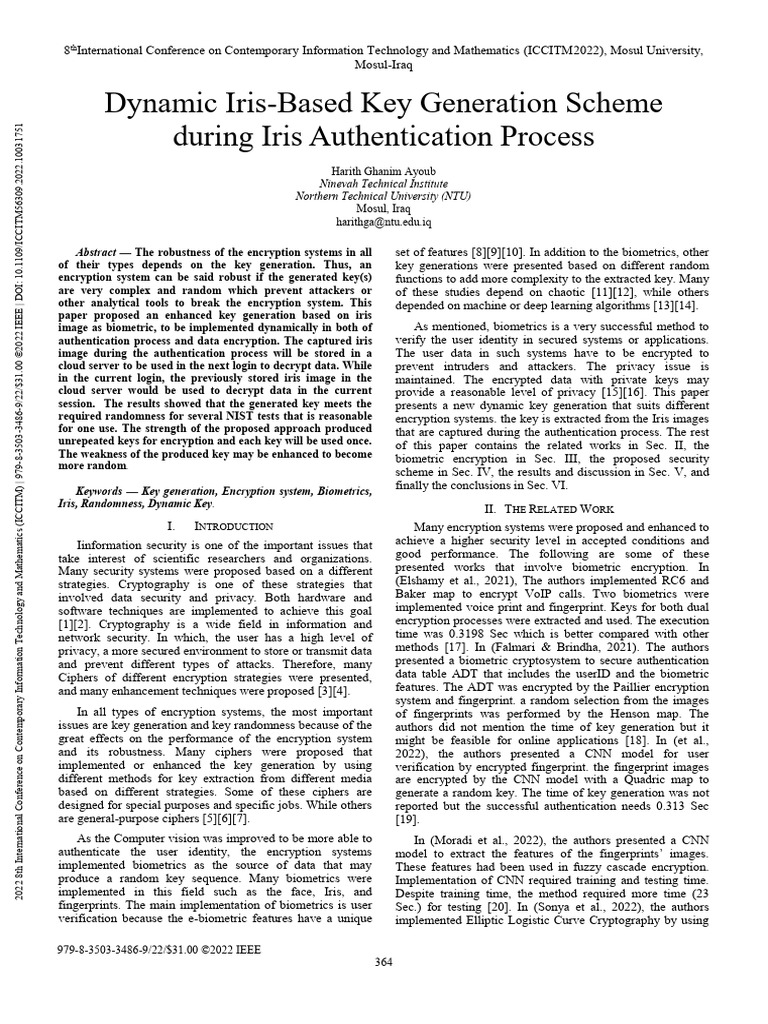 Dynamic Iris-Based Key Generation Scheme During Iris Authentication Process | PDF