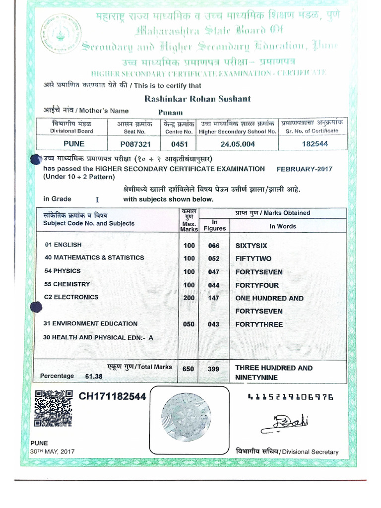12th Marksheet | PDF