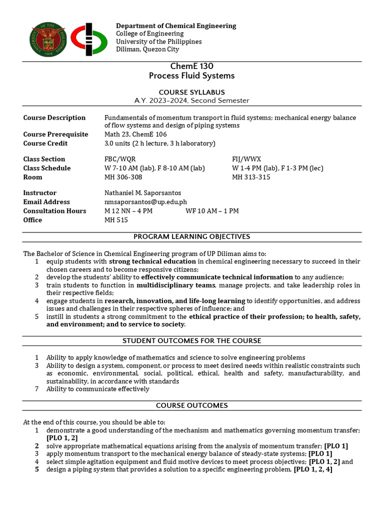ChemE 130 Syllabus 23-24B | PDF