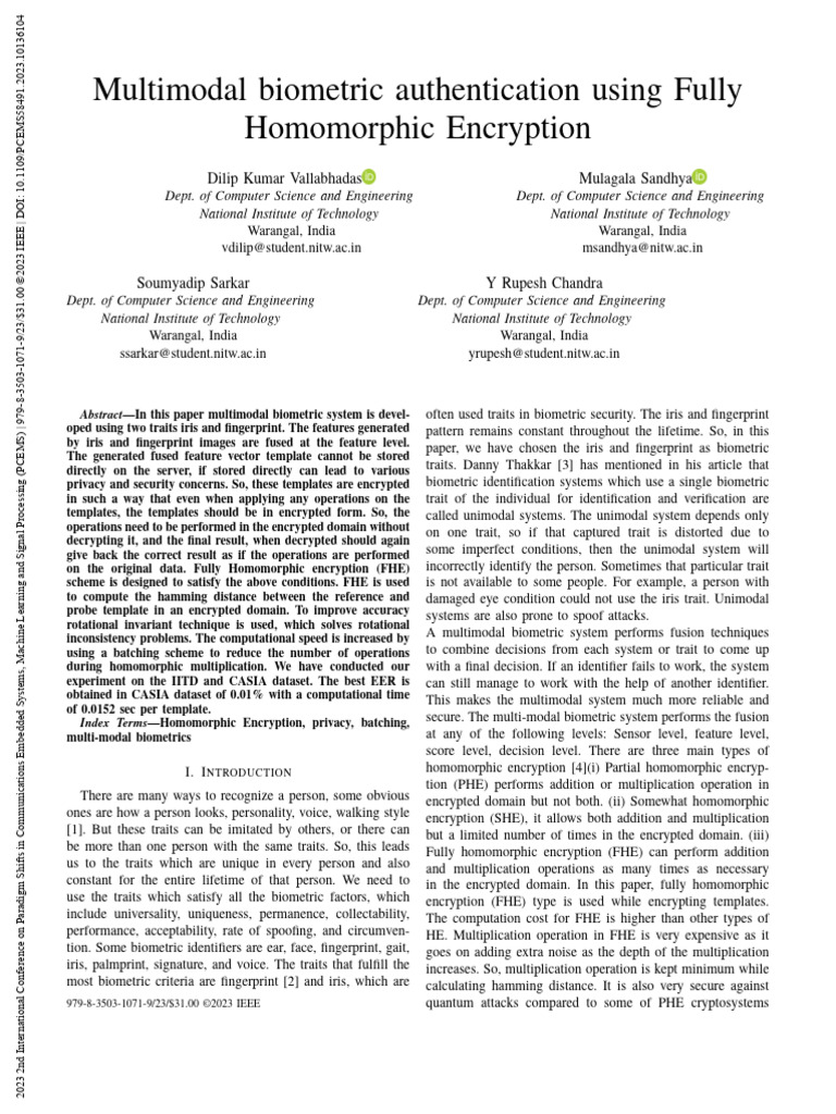 Multimodal Biometric Authentication Using Fully Homomorphic Encryption | PDF
