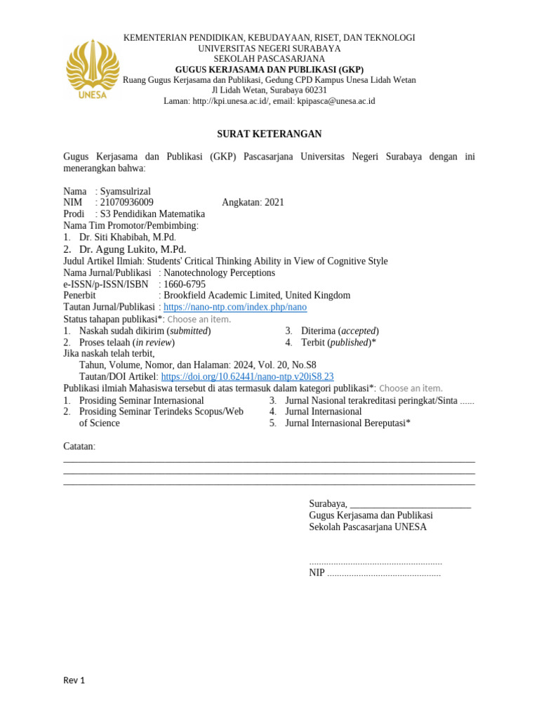 Form Surat Keterangan Publikasi Ilmiah Pascasarjana UNESA | PDF