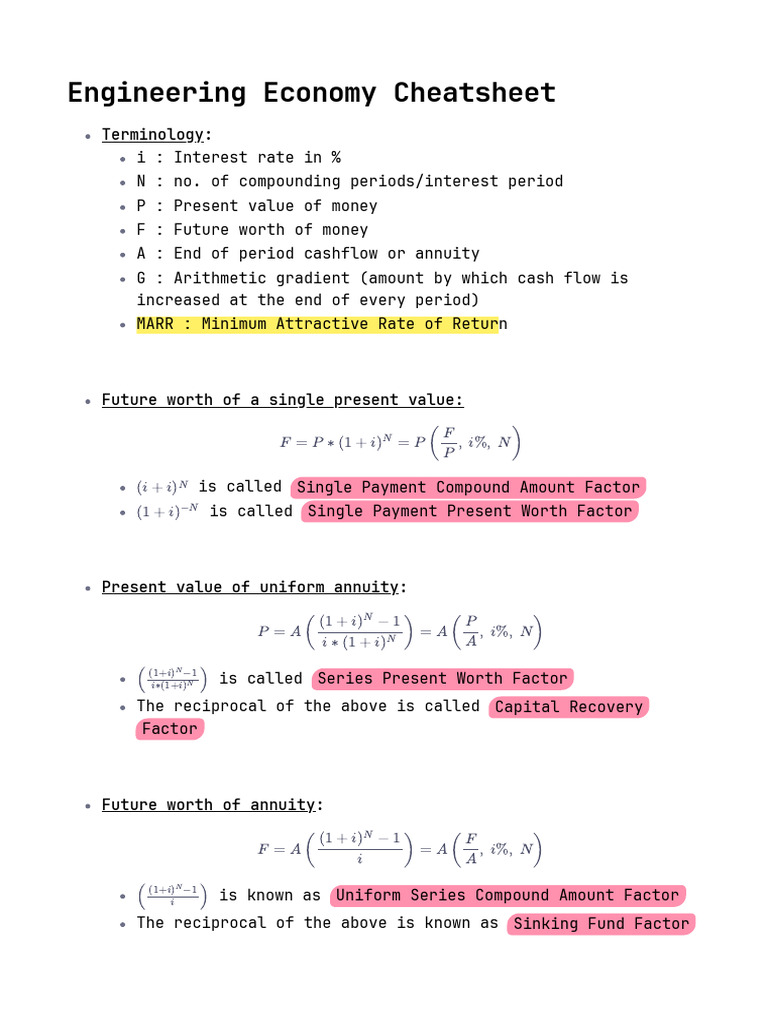 Engineering Economy Cheatsheet | PDF