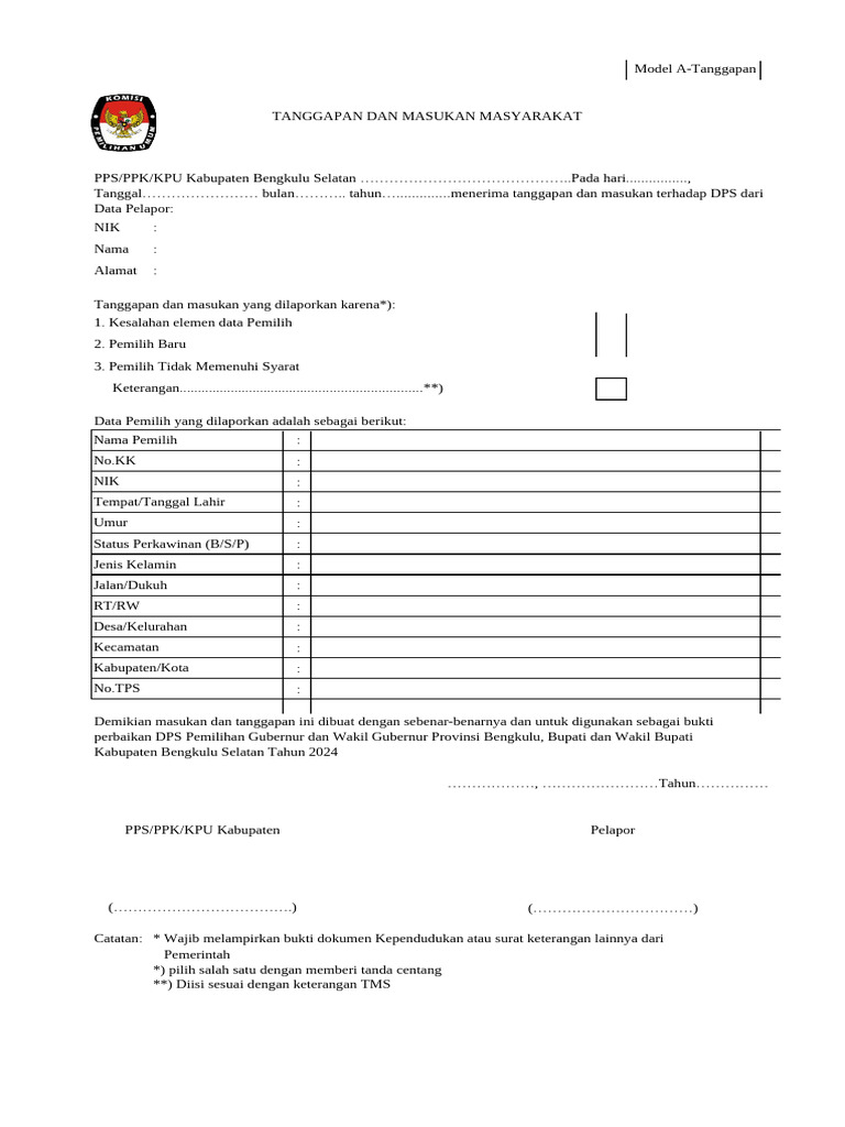 Formulir Model A Tanggapan | PDF