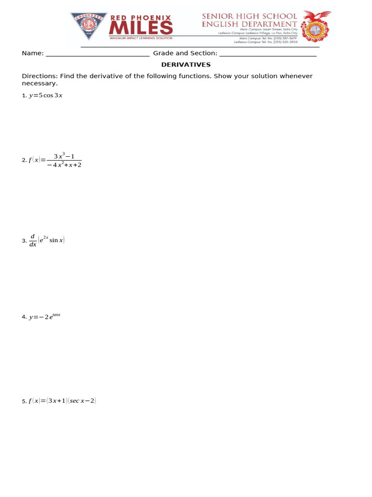 Basic Calculus Worksheet 3 (Derivatives) | PDF