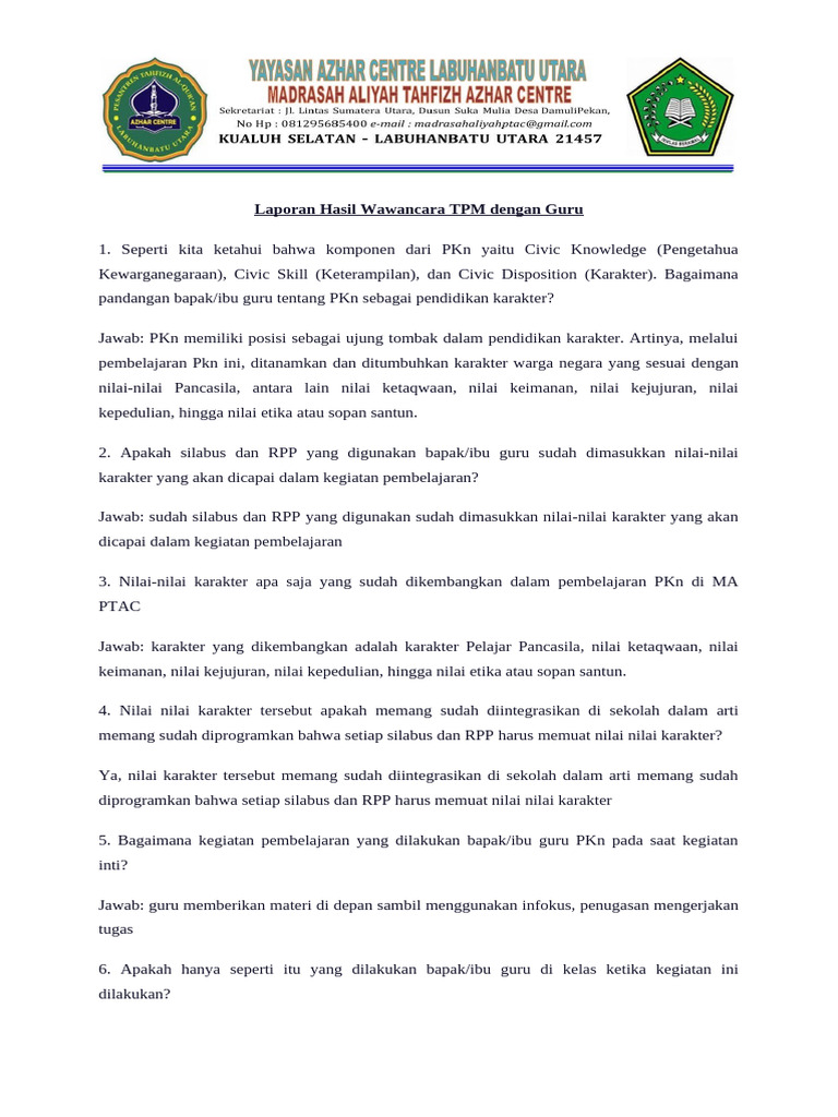 Laporan Hasil Wawancara TPM Dengan Siswa | PDF